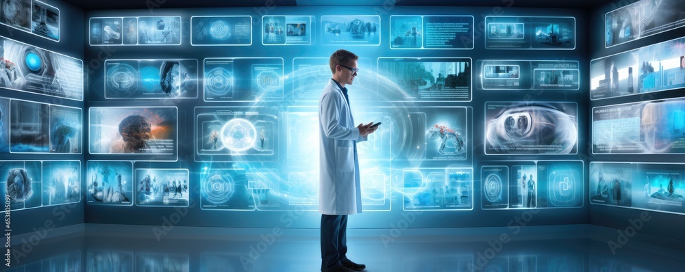 Portrait of pretty doctor working in modern hospital at mri ct xray ...
