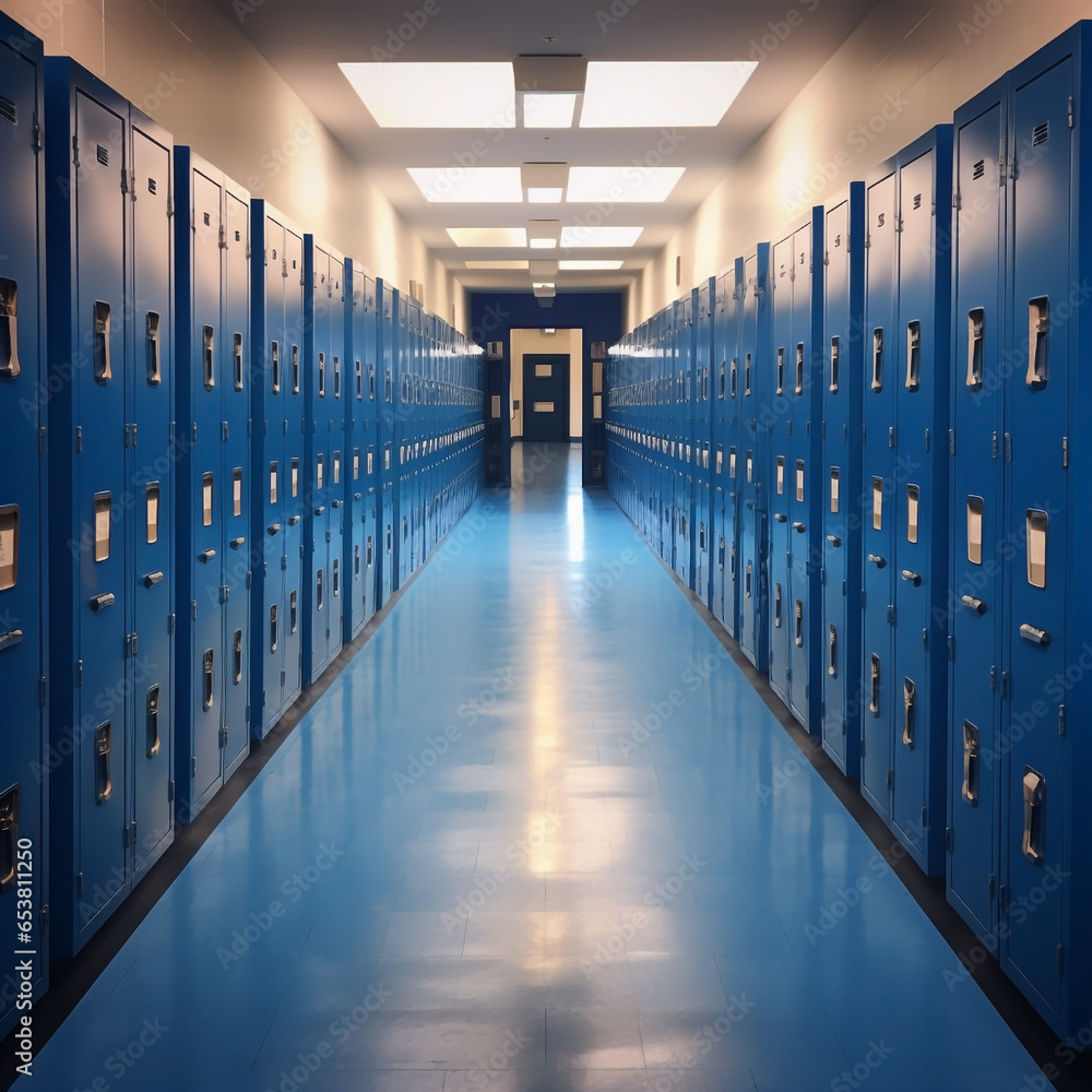 Nostalgic Hallway of a School with Blue Lockers & Fluorescent Lights ...