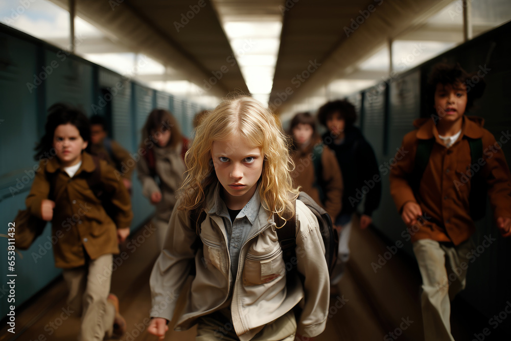In a school corridor, a distressing scene unfolds as a group of ...