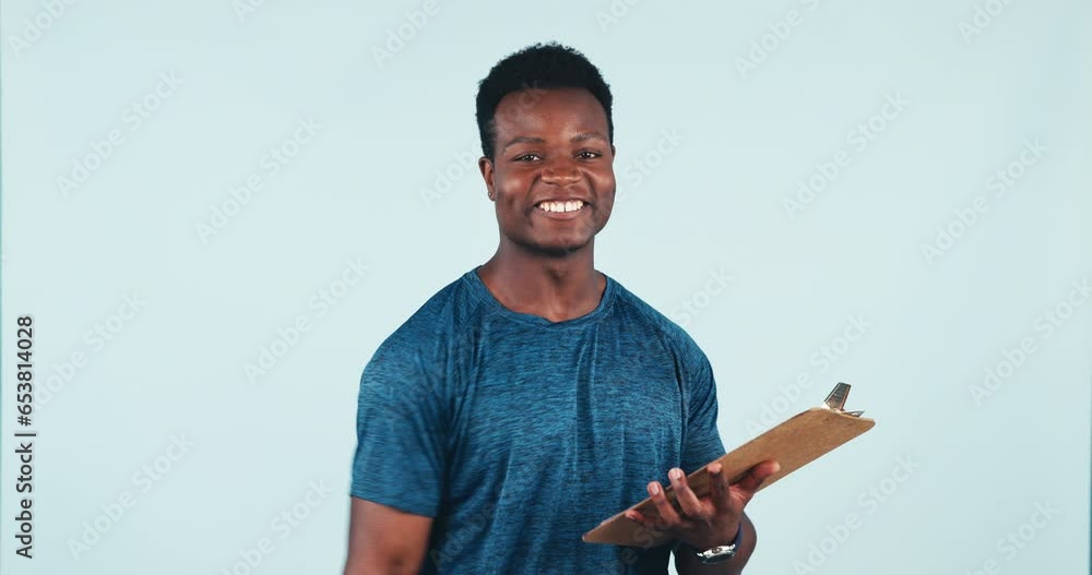 Clipboard, fitness and black man flexing arms in studio for muscle and ...