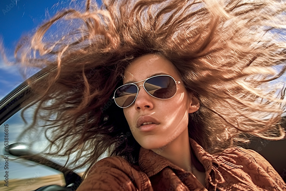 Windblown Beauty: A Brunette Woman Embraces Freedom and Adventure in a ...