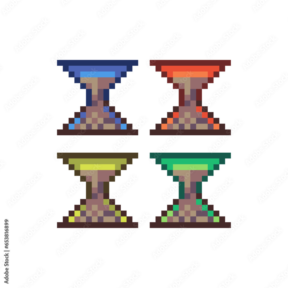 Pixel art sets of hourglass with variation color items asset. simple hourglass timer on ...