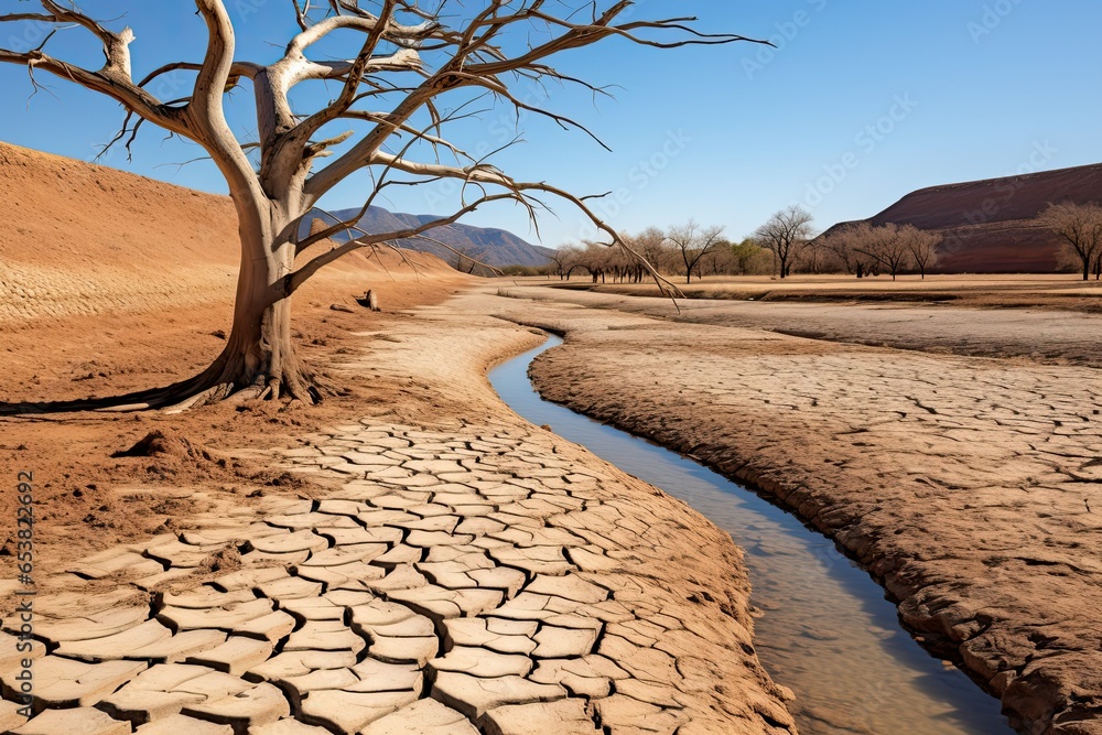 The bed of a river, lake, or reservoir is dry, with low water levels ...