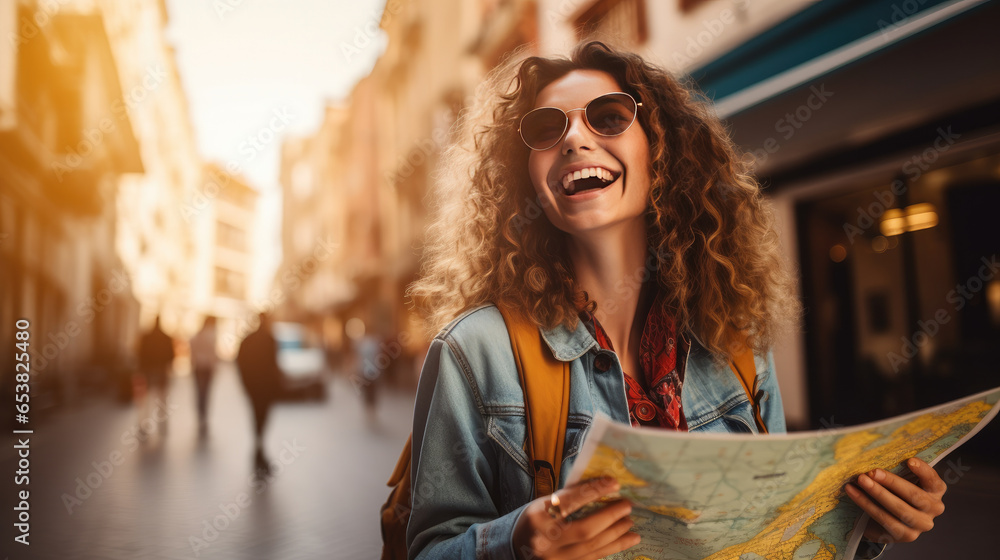 woman wanderer with trendy look searching direction on location map ...