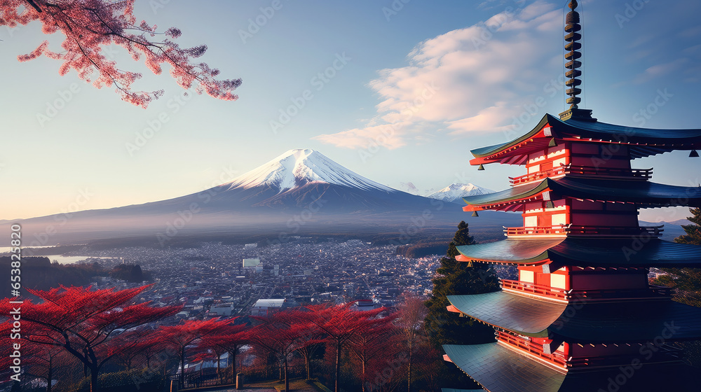 Landmark of japan Chureito red Pagoda and Mt. Fuji in Fujiyoshida ...