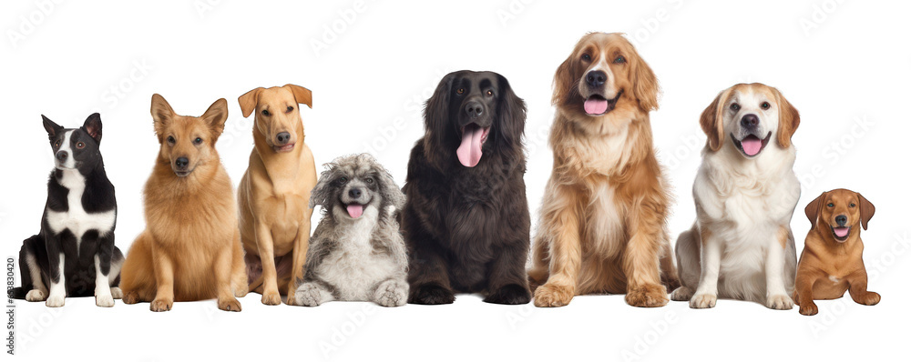 Happy smilling adult dogs of different breeds isolated on white ...