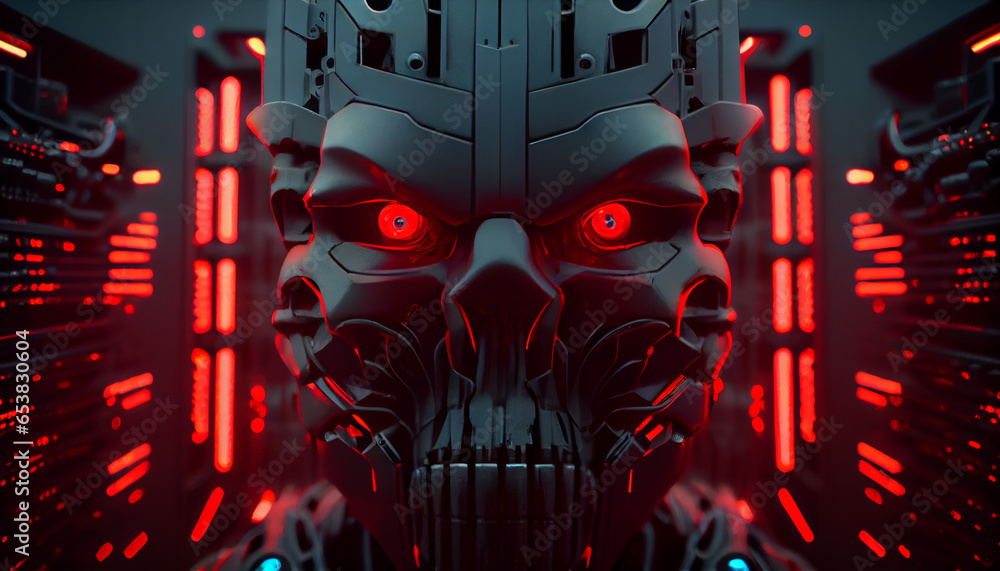 Evil robot head with glowing red eyes in data center, Ai generated ...