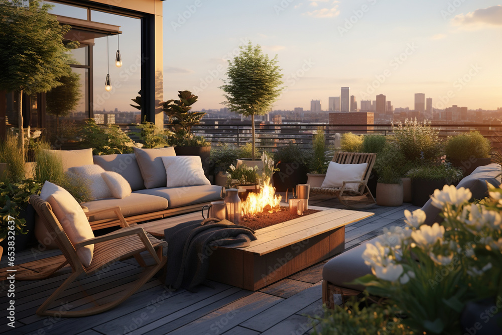 A modern rooftop terrace with a built-in seating area, an outdoor ...
