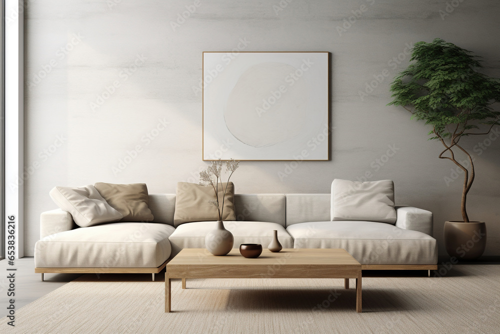 Modern minimalist living room, featuring a sleek and neutral-toned ...