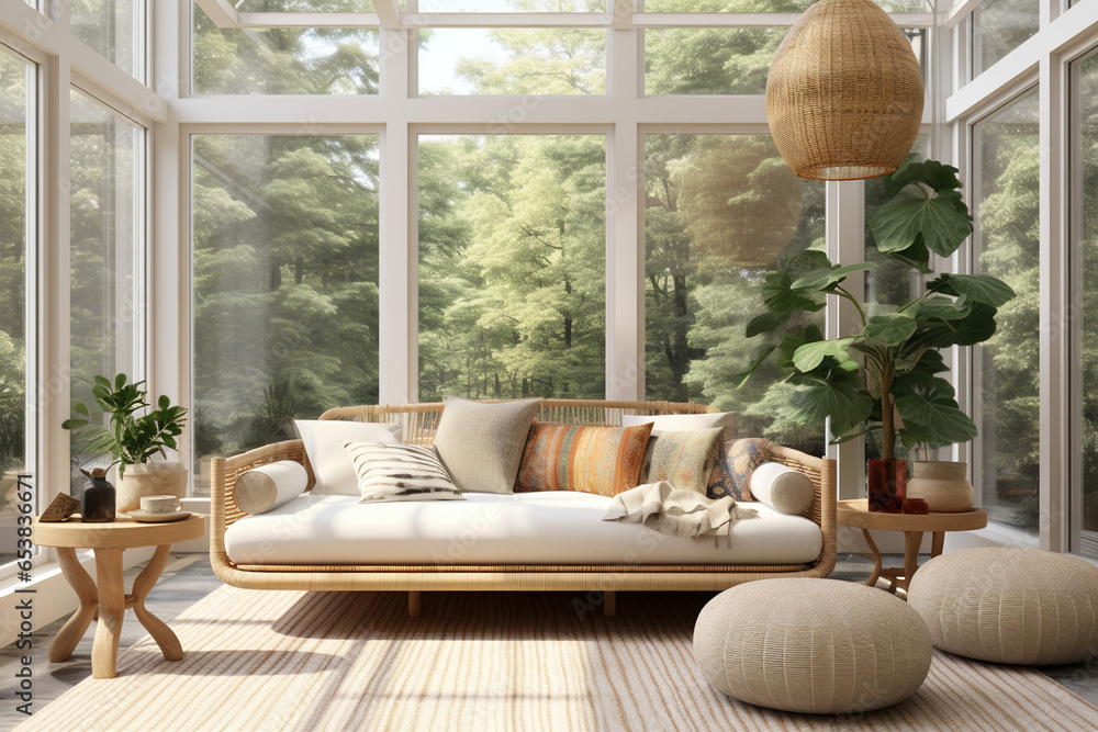 Modern sunroom, with large windows, a rattan daybed, and a mix of ...