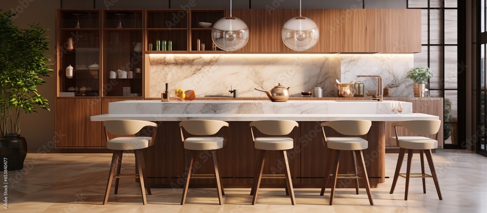 Luxury modern dining table island with marble top high chairs and ...