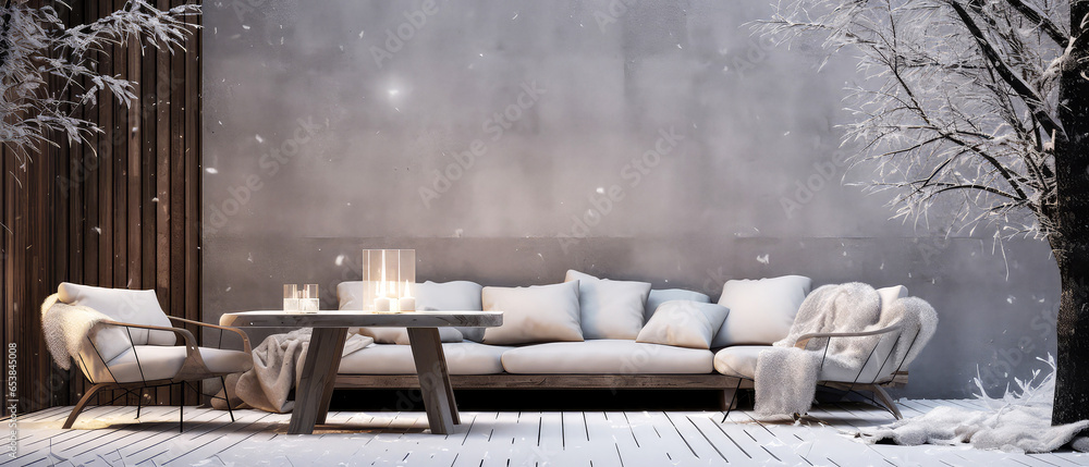 Winter, snowy patio of suburban house. Luxury exterior design scene ...