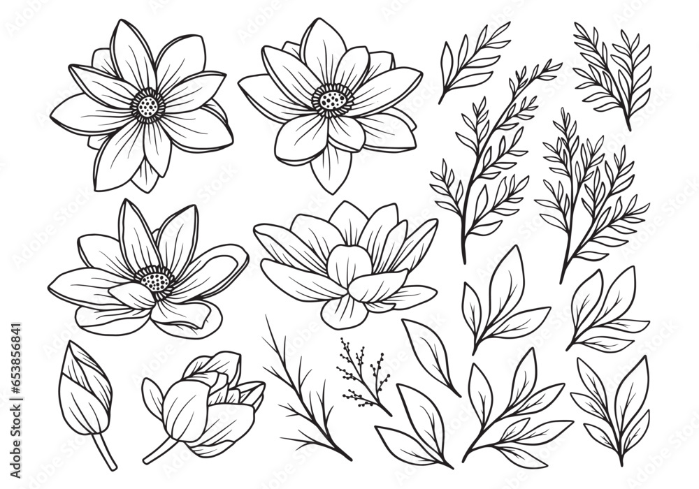 Flower logo, floral logo, flower hand drawn, flower illustration, set ...