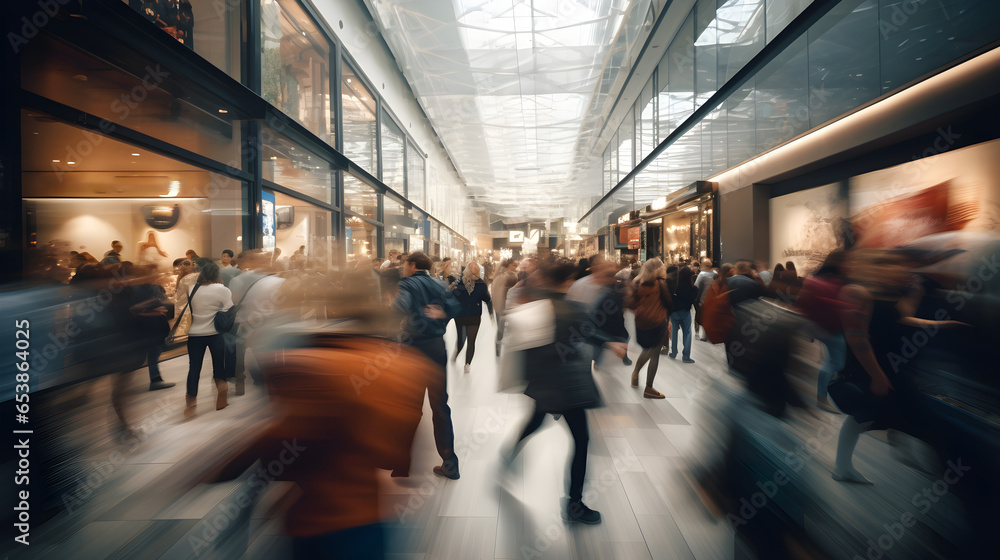 Abstract blurred photo of many people shopping inside department store ...