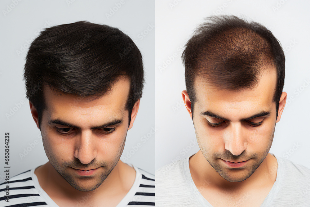 Generative AI collage two photos comparison before after anti hair loss ...