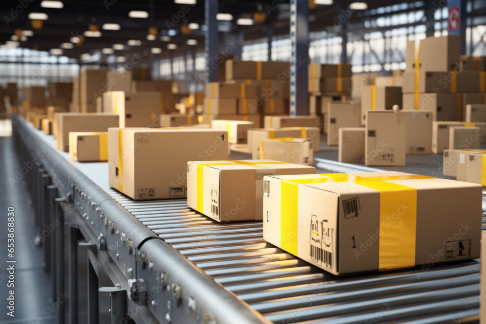 Conveyor belt with parcels in a distribution center. Cardboard parcels ...