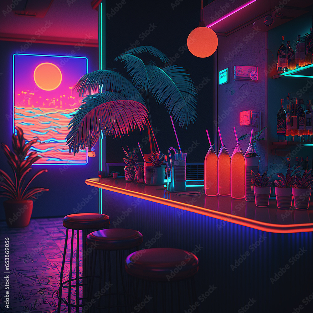 Modern neon night restaurant bar counter stools interior design AI ...