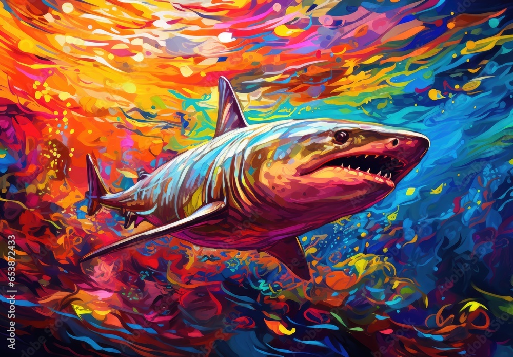A pop art painting of a shark swimming in the water column. A large ...