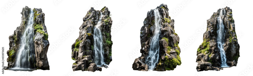 Collection of big waterfalls with rocks, cascades, and isolating on a ...