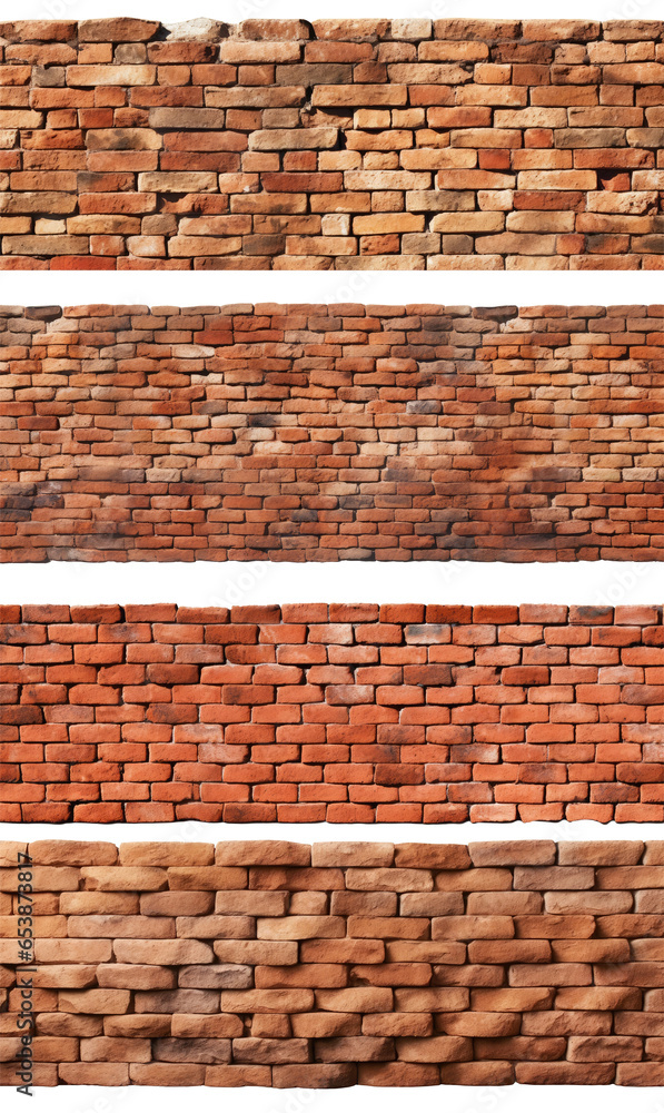 Set of red brick walls and fences, isolated on a transparent background ...