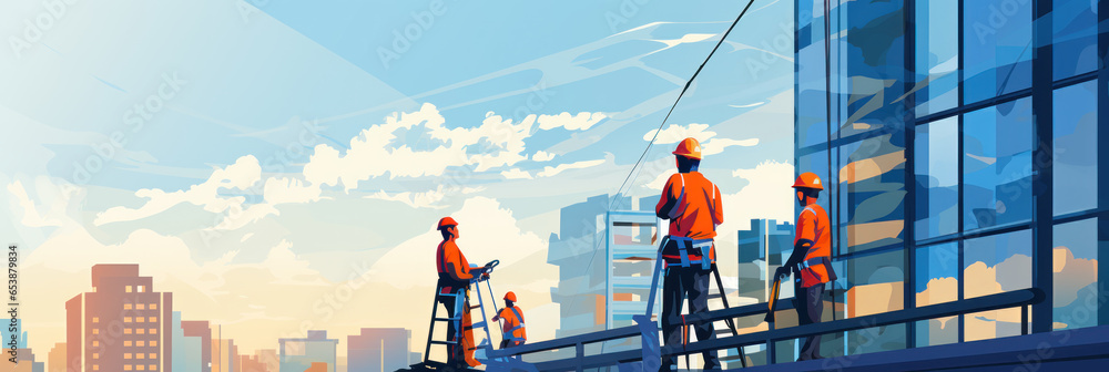 Window cleaners workers washing windows in a high-rise building, high ...