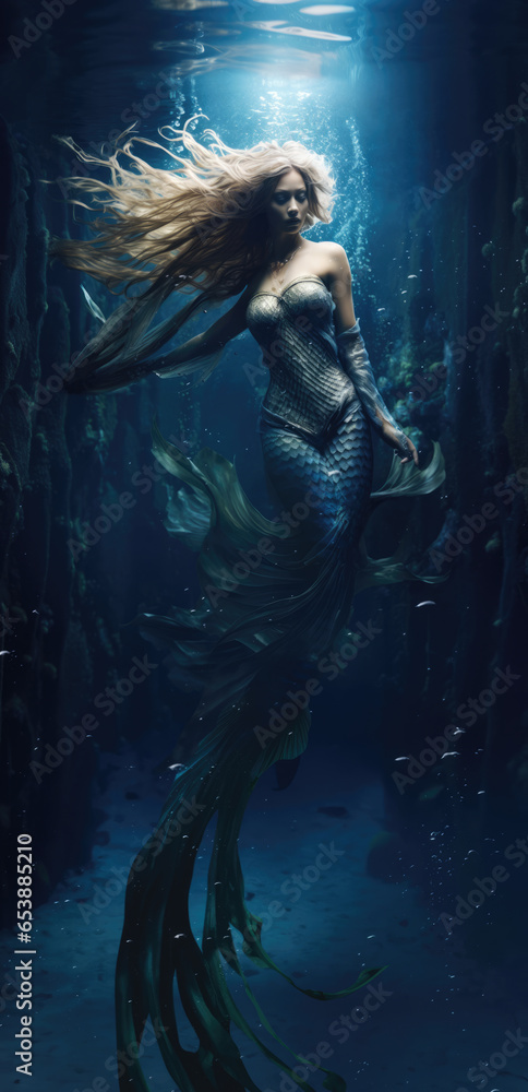 blond haired sensual mermaid underwater. crystal clear underwater ocean ...