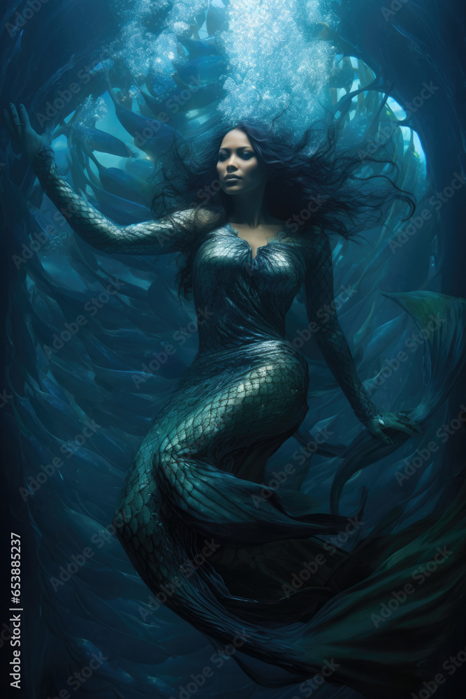 pretty black haired mermaid in the ocean depths. crystal clear ...