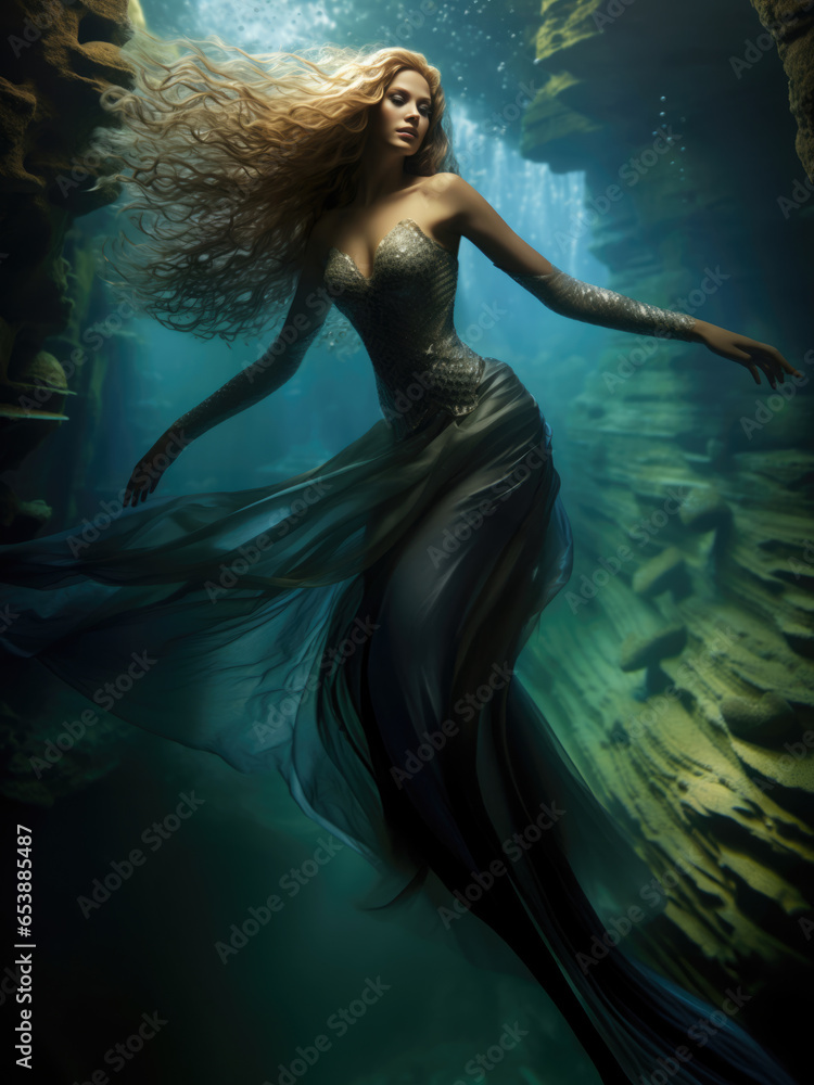 curly blond haired mermaid. crystal clear underwater ocean reefs and ...