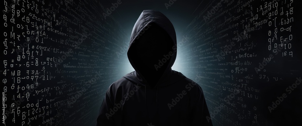 Hacker wearing black hooded sweatshirt in front of a binary code background. Cyber security ...