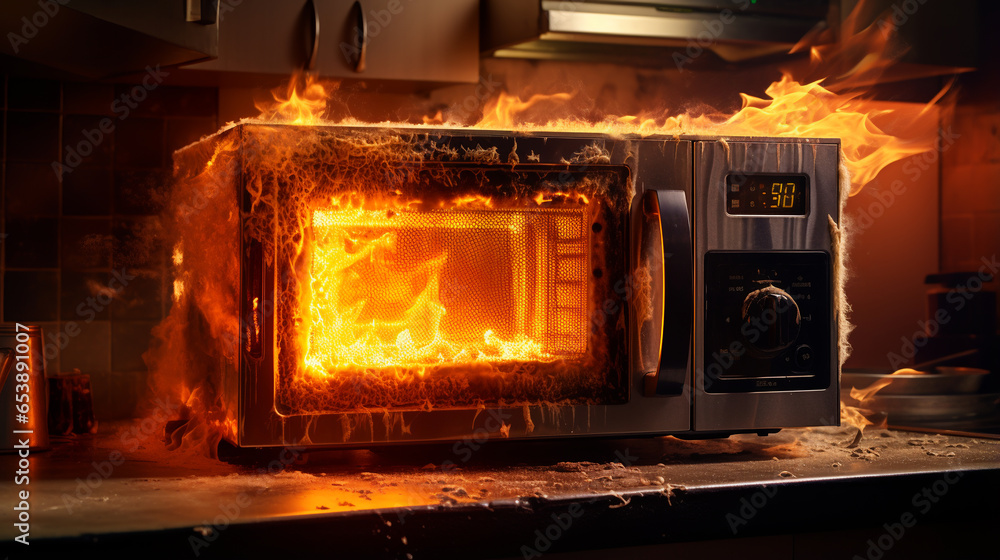 Burning microwave in the house due to a short circuit and damaged ...
