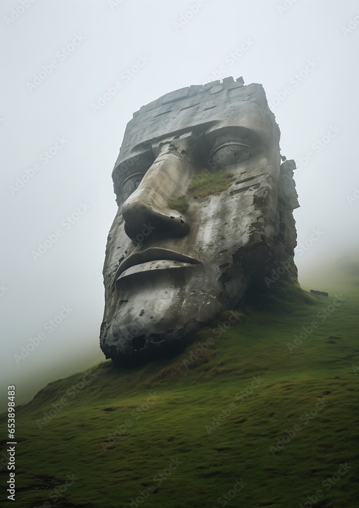 large stone face hill foggy sky giant head statue ruins russian city ...