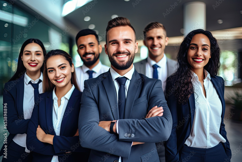 In a diverse and modern corporate office, a successful team led by a ...