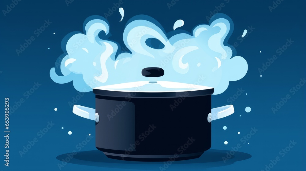 Water bubbling and producing steam in a black cooking pot placed on a ...