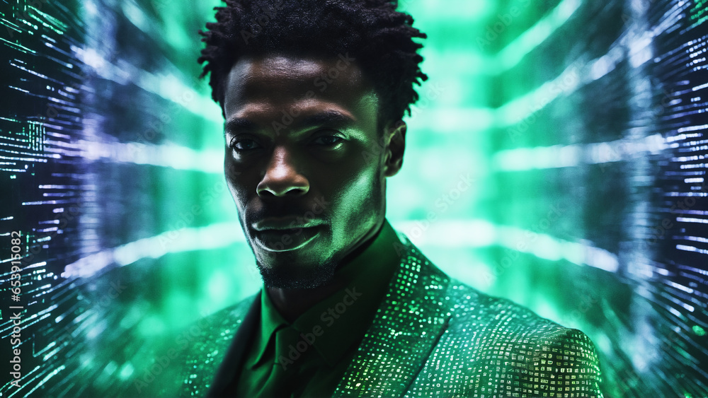 Futuristic Portrait of Black Visionary Entrepreneur Amid Holographic AI ...