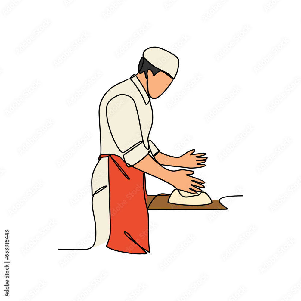 One continuous line drawing of baker working activity with white ...