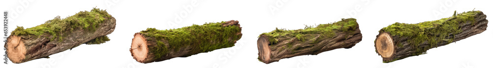 Cut long tree logs wood covered in green foliage and moss ...