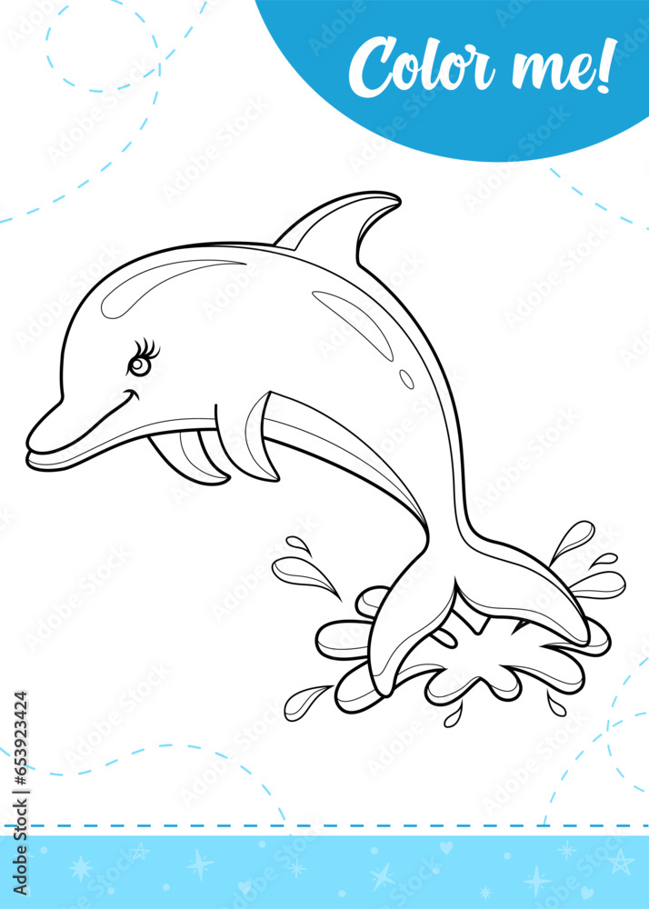 Coloring page for kids with cartoon dolphin. A printable worksheet ...