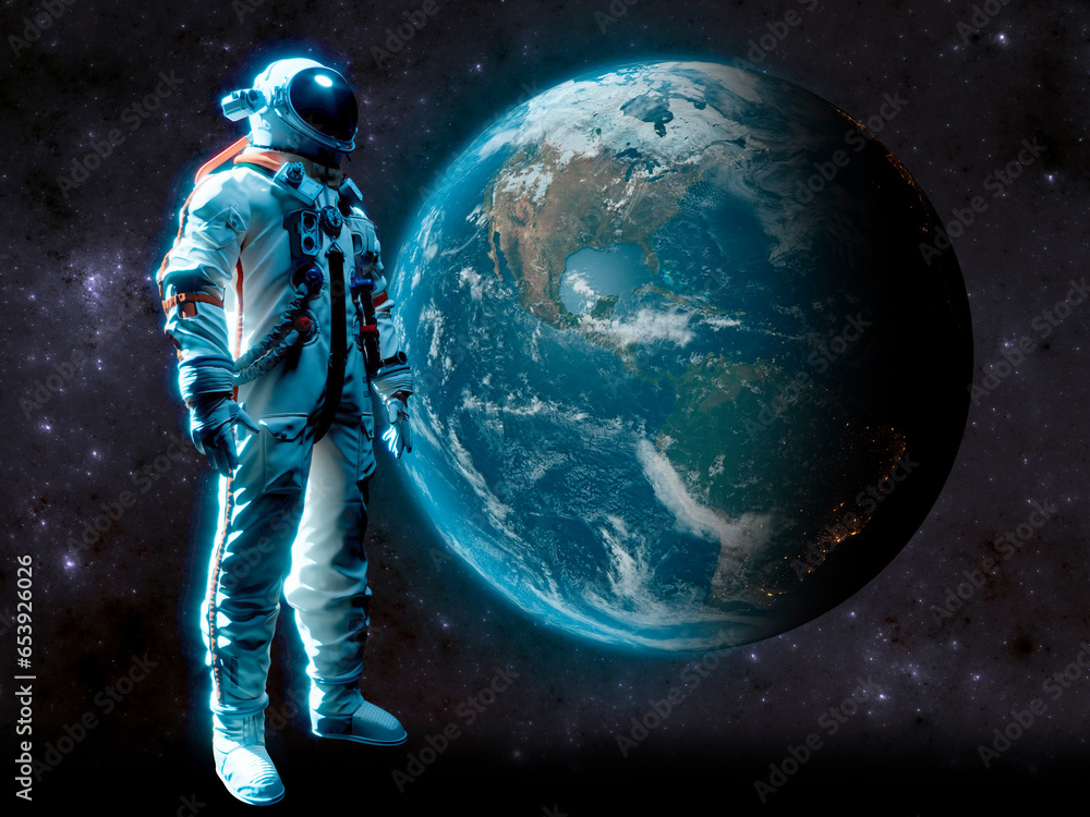Cosmonaut in space suit with stars background with Earth, 3d rendering ...