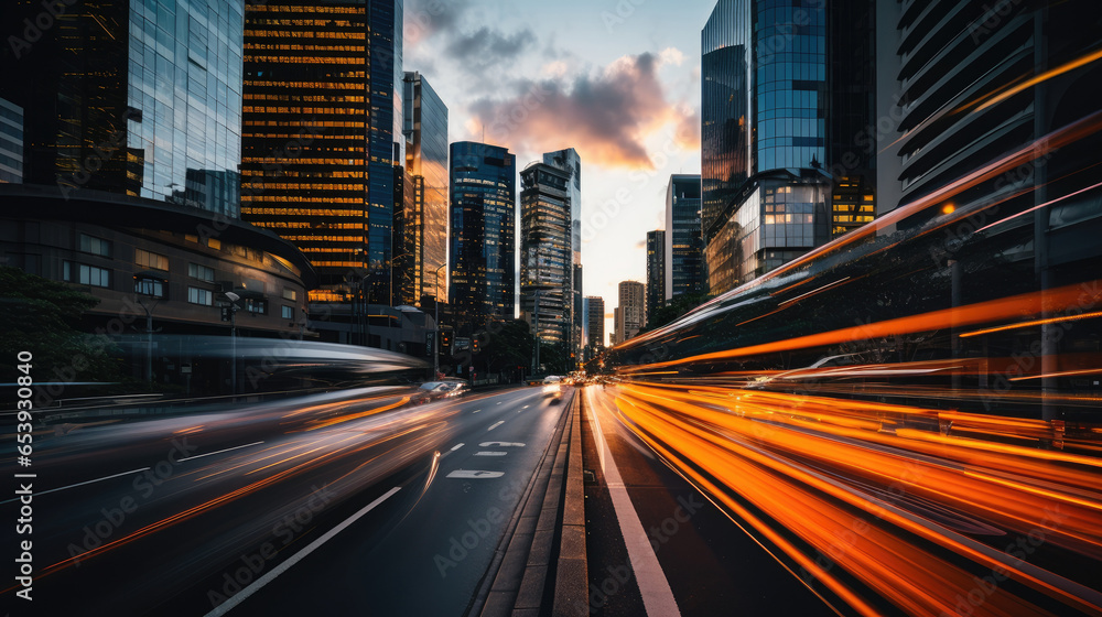 High speed urban traffic on a city street during evening rush hour, car ...