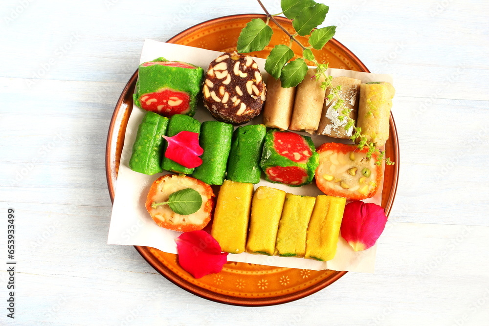 colorful indian gujarati traditional home made mix sweet mumbai ice ...