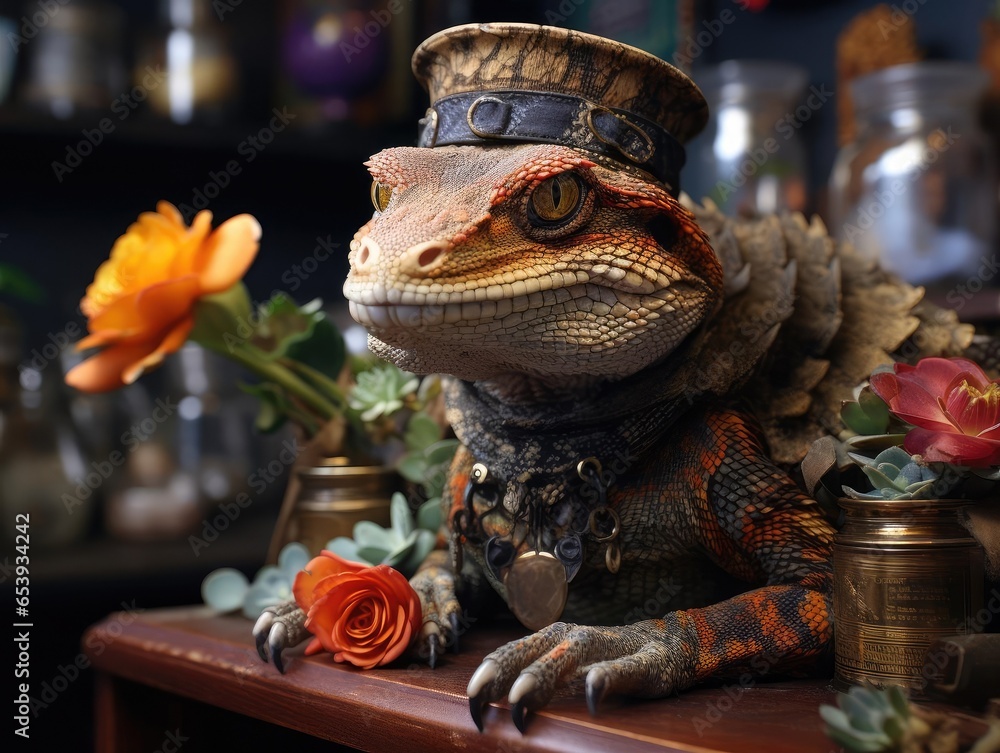 In this enchanting image, a cunning snake adorned in magician's attire ...