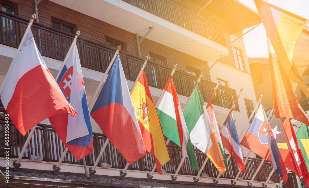 International flags of states on flagpoles concept of international ...