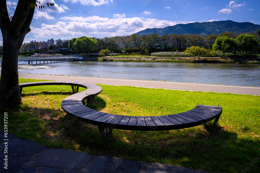 Curved bench under the elm tree, abstract geometry and shape of an ...