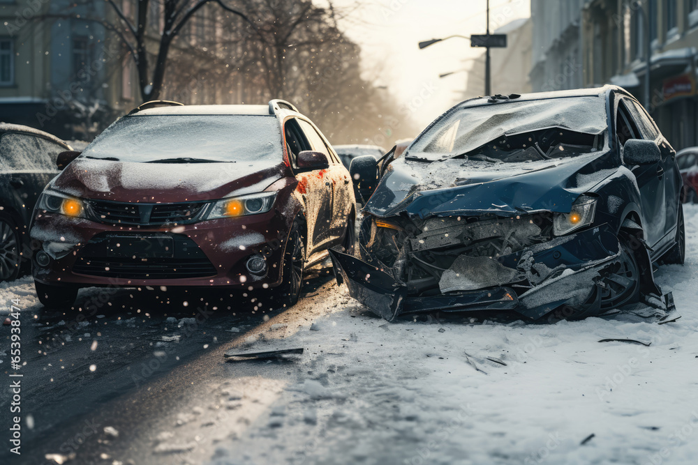 Frontal view of a two modern crashed car wreck - dented bonnet, smashed ...