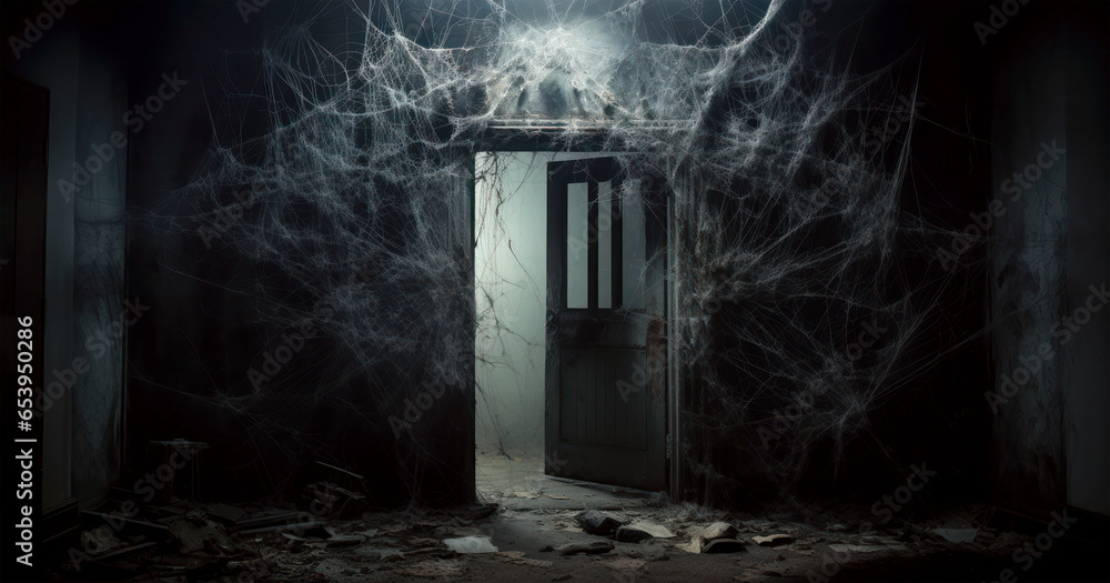 Dark creepy dim lit room with large old cobwebs / spiderwebs with open ...