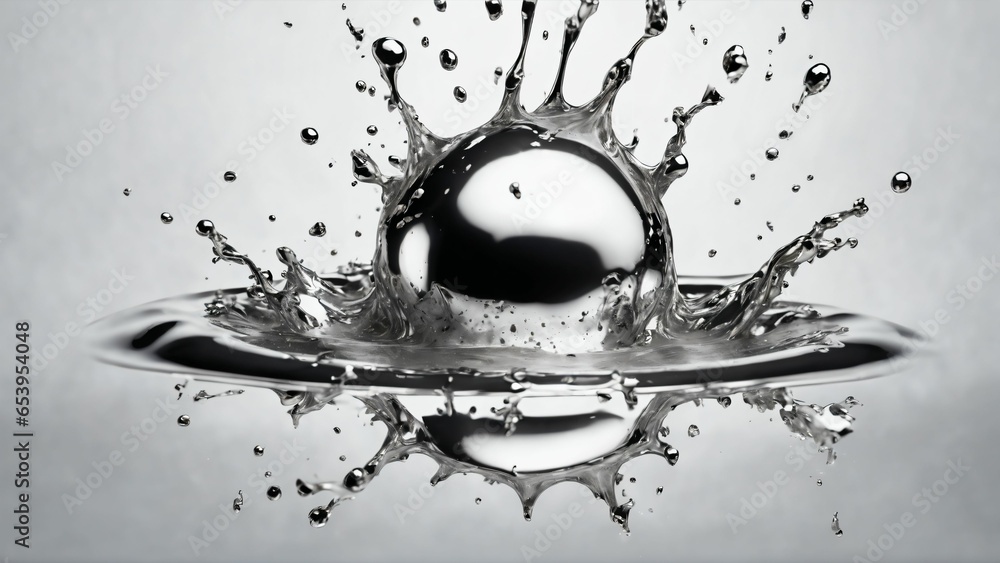 Liquid silver splash close up. Side view on white background. Liquid ...