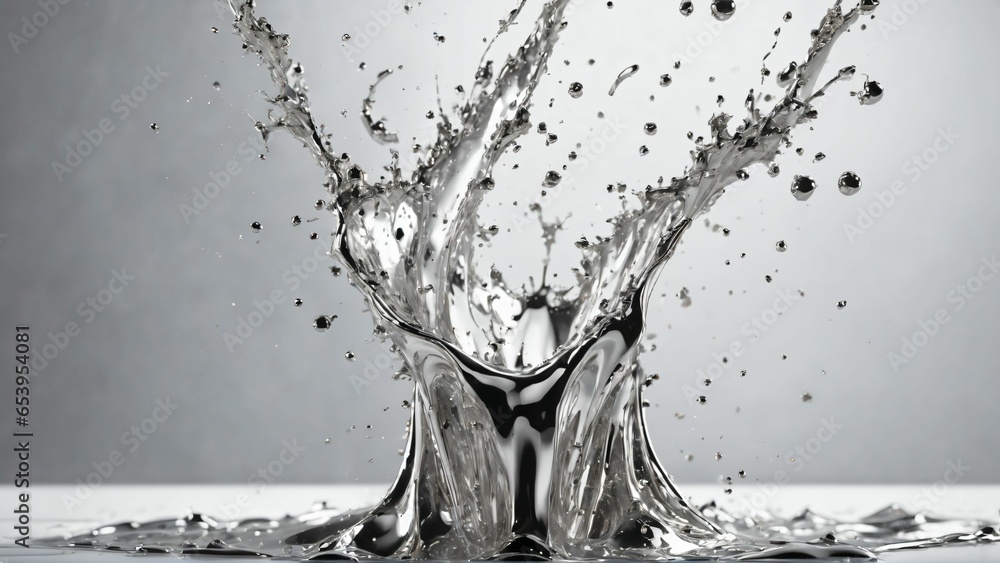 Liquid silver splash close up. Side view on white background. Liquid ...