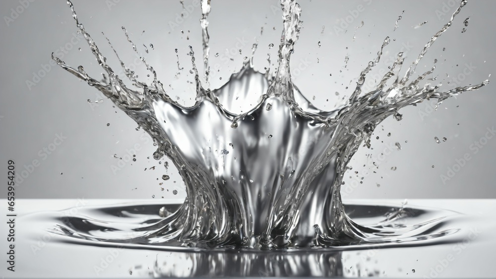 Liquid silver splash close up. Side view on white background. Liquid ...