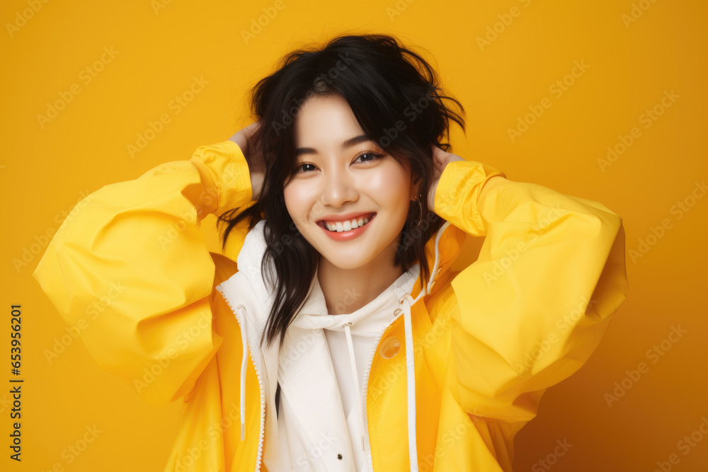 Woman wearing yellow jacket is striking pose for photograph. This image ...