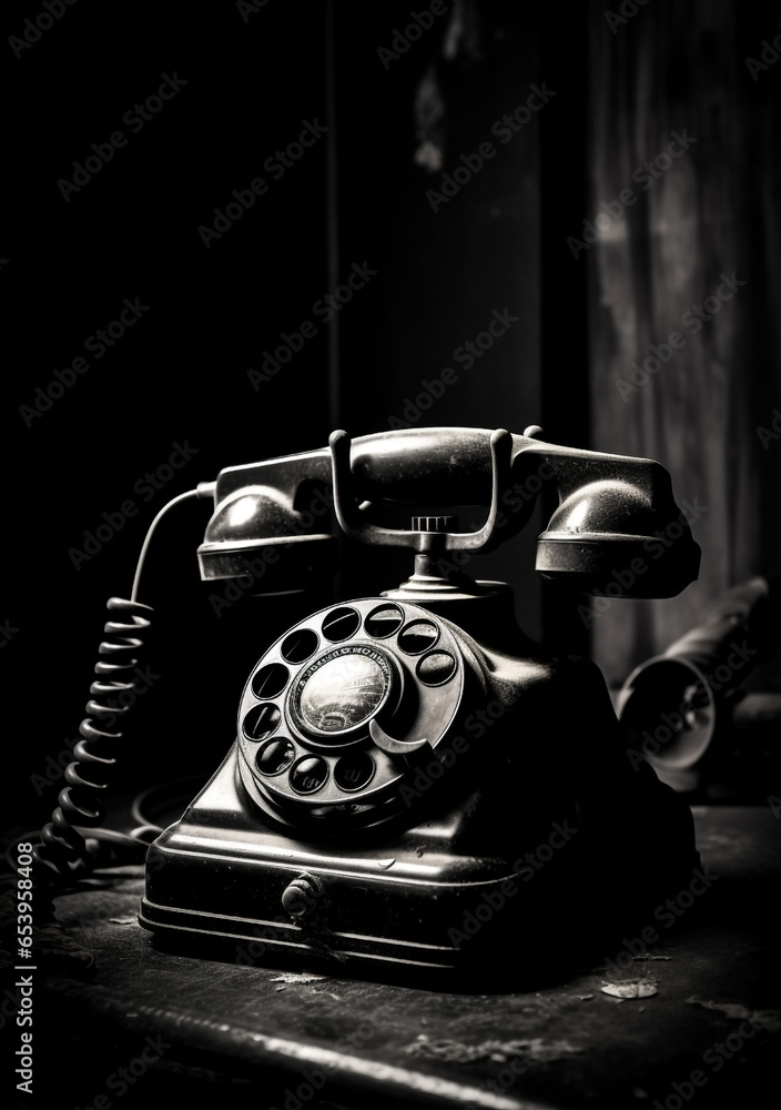 Vintage Rotary Telephone Resting on Wooden Table with Peeling Paint ...